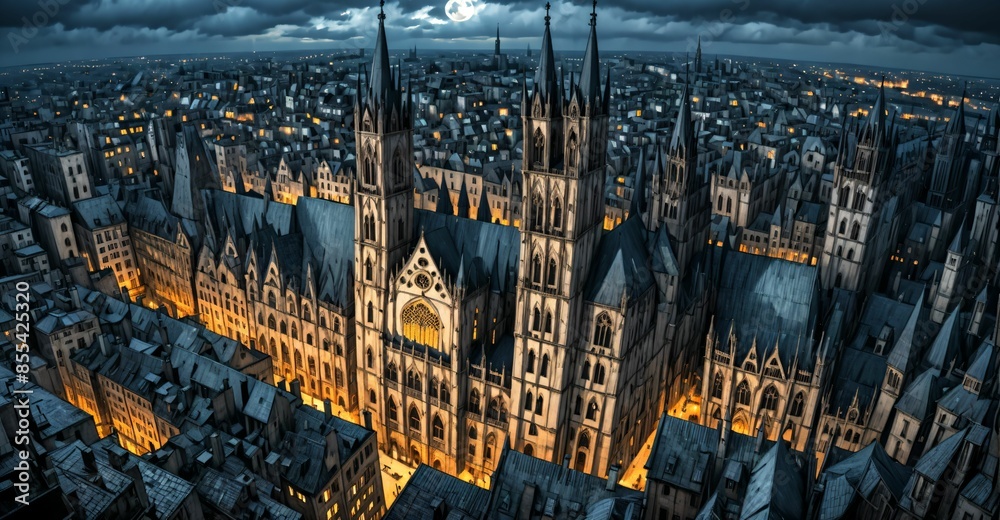 gothic city buildings and towers cityscape. aerial view bird's eye view ...