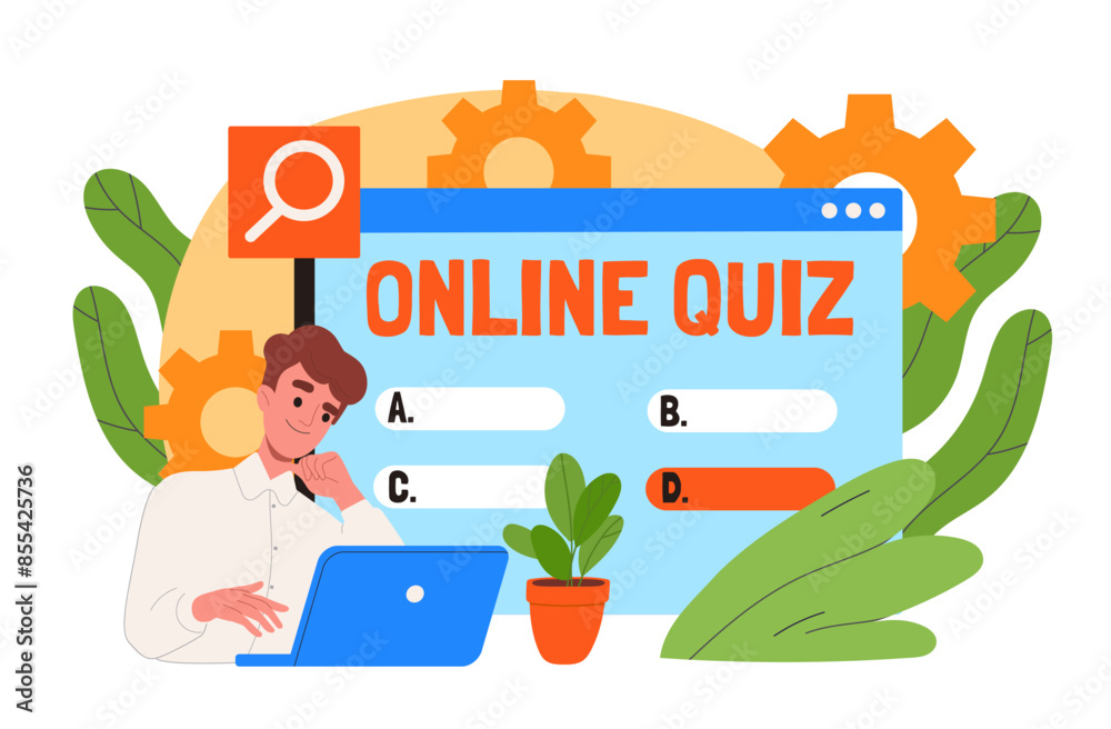 Online quiz concept. Man with laptop answer to questions. Student with ...