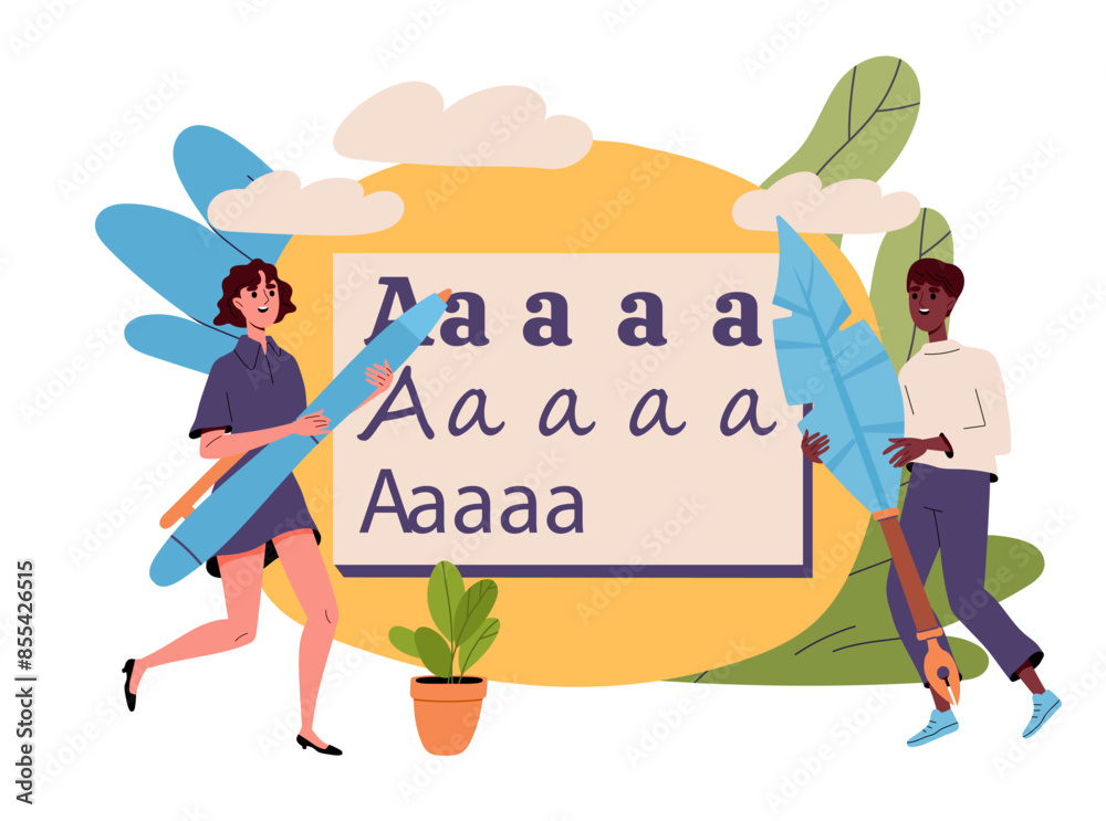 People learn calligraphy concept. Man and woman with feathers write ...