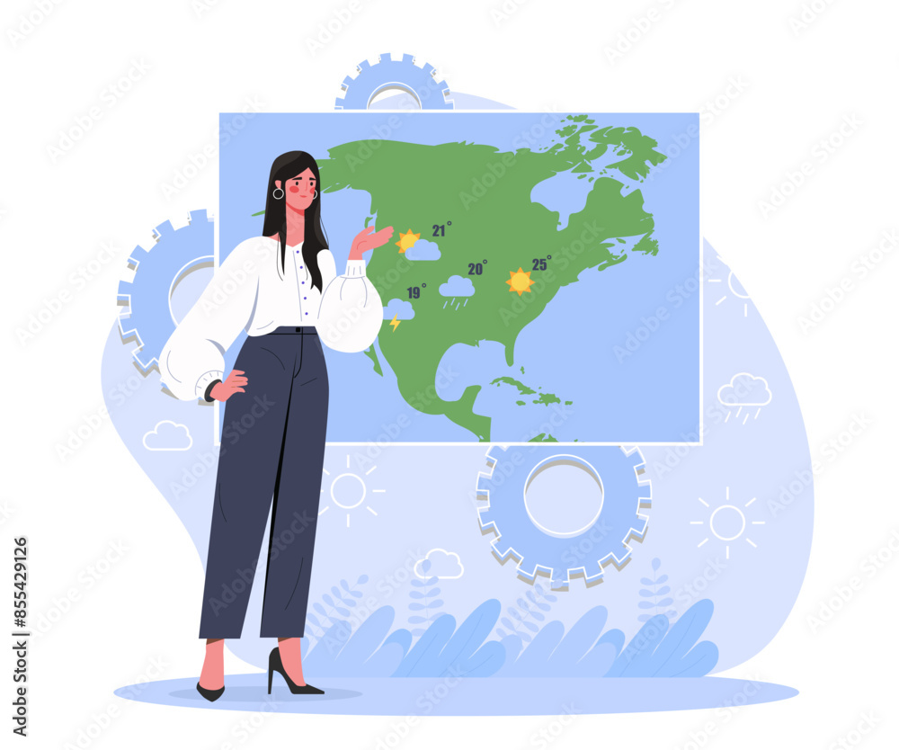 Weather forecast concept. Girl near world map with rainy and sunny ...