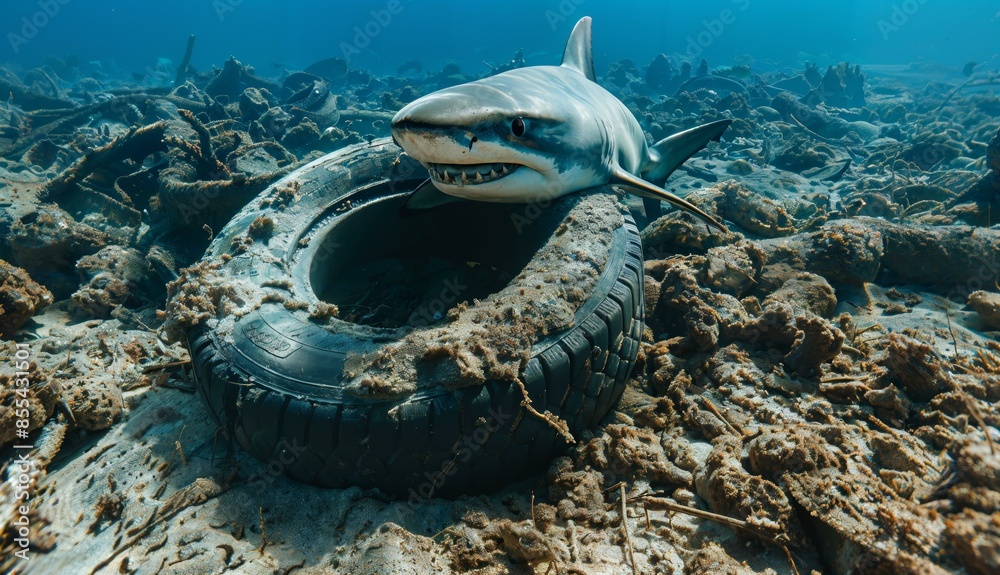 A great white shark swimming through a polluted underwater landscape ...