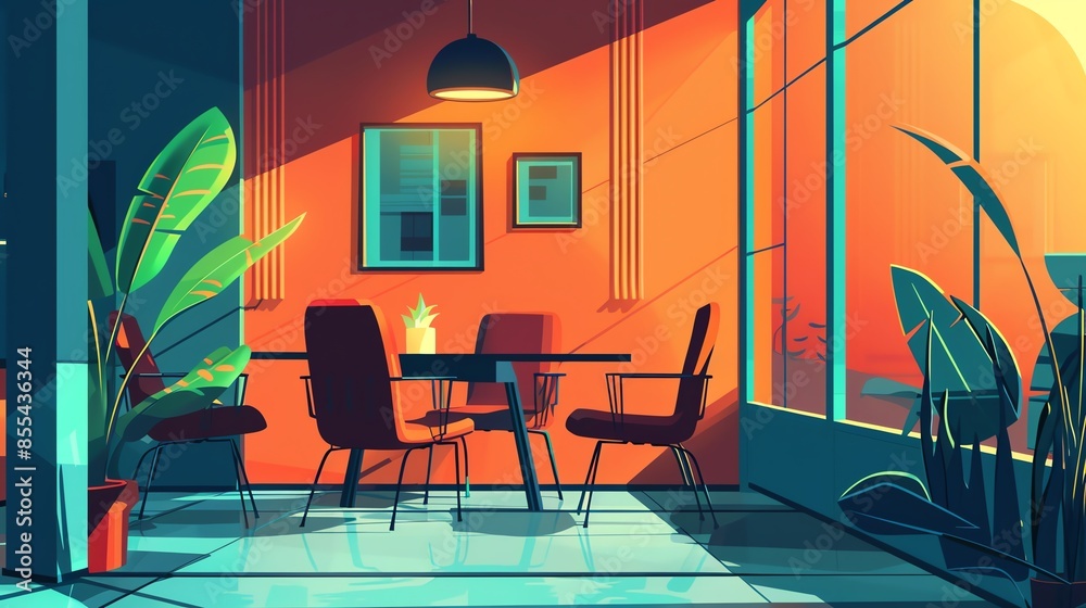 Boring office break room, flat design, side view, dull conversation ...