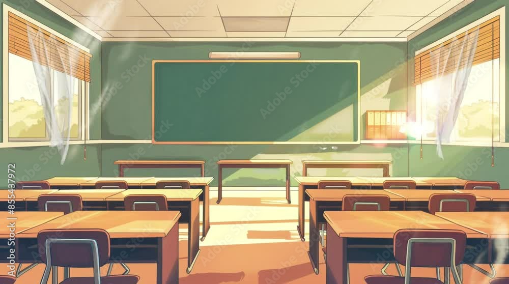 illustration of empty class with blank blackboard, table and chair ...