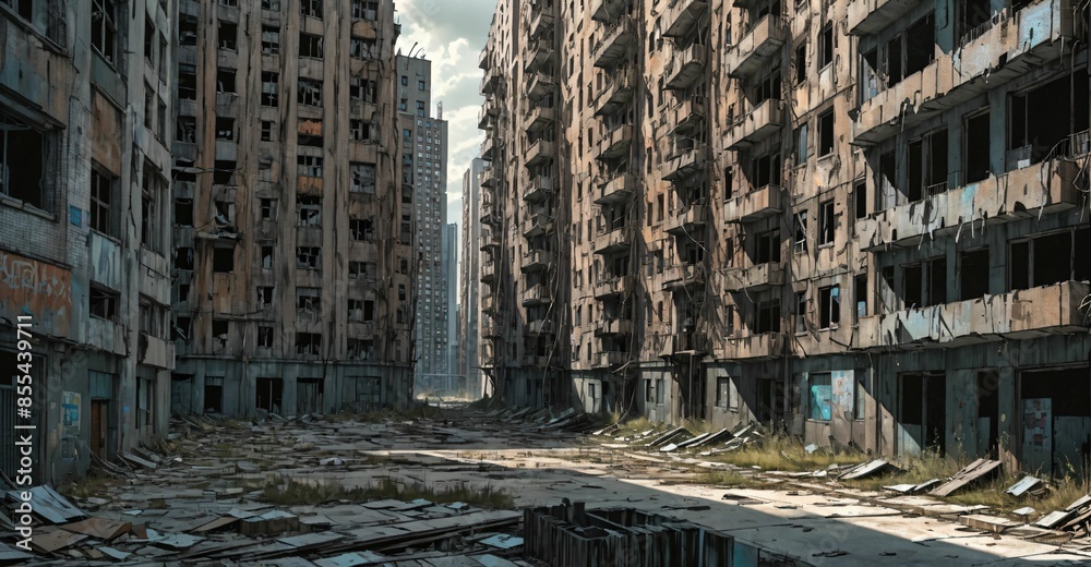 abandoned post apocalyptic urban city ruins. empty aged old building ...