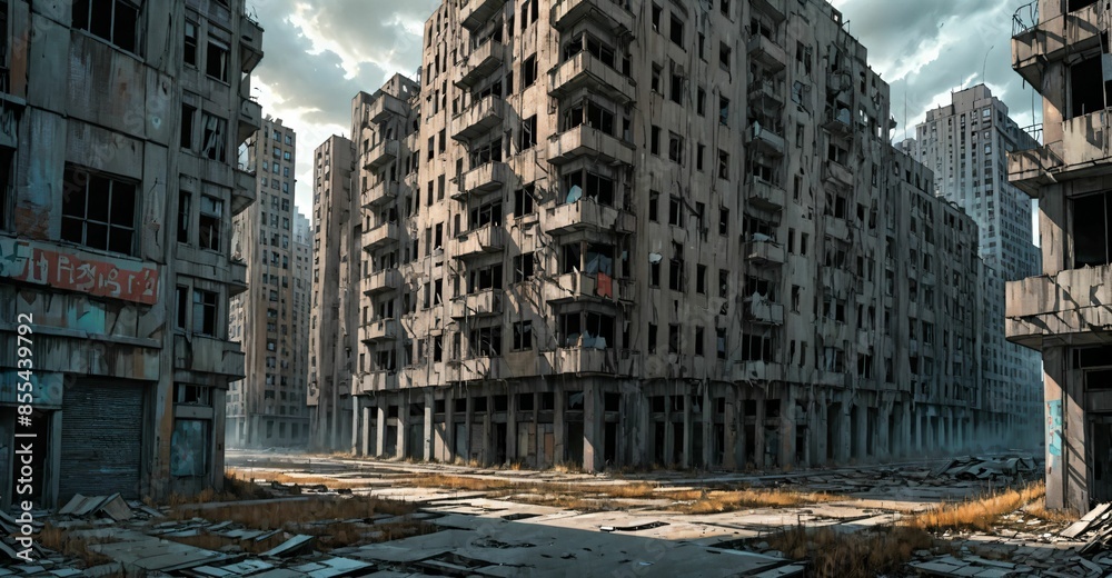 abandoned post apocalyptic urban city ruins. empty aged old building ...