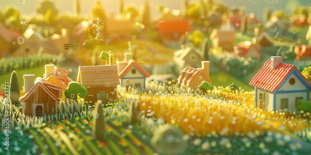 Tiny cute isometric A beautiful rainbow village morning scene. Sunlight ...