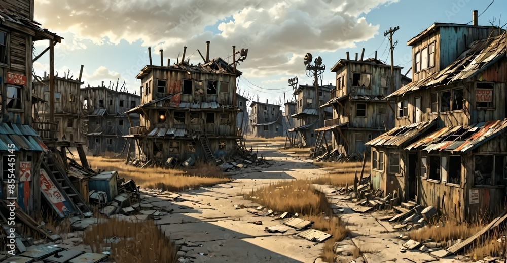 abandoned post apocalyptic urban city town house ruins. empty aged old ...