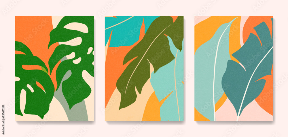 Abstract set of covers with tropical leaves with texture. Botanical ...