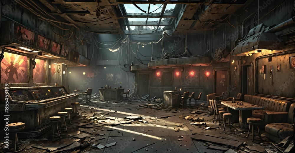 abandoned empty bar interior. dystopian post apocalyptic building ...