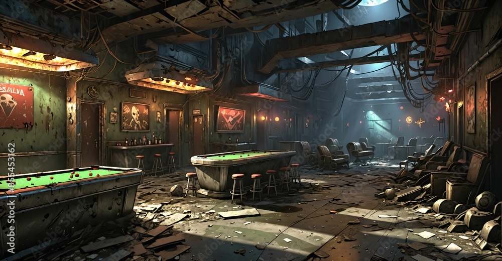 abandoned empty bar interior. dystopian post apocalyptic building ...