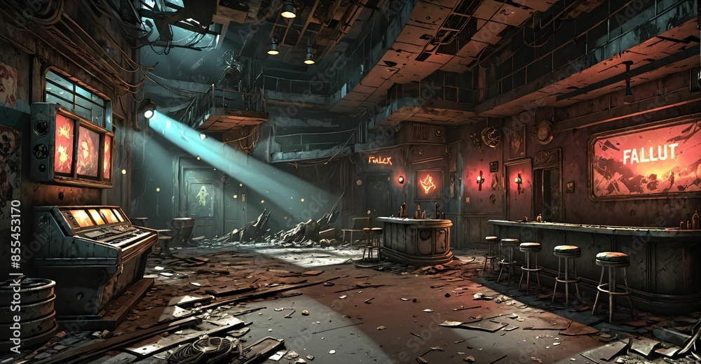 abandoned empty bar interior. dystopian post apocalyptic building ...