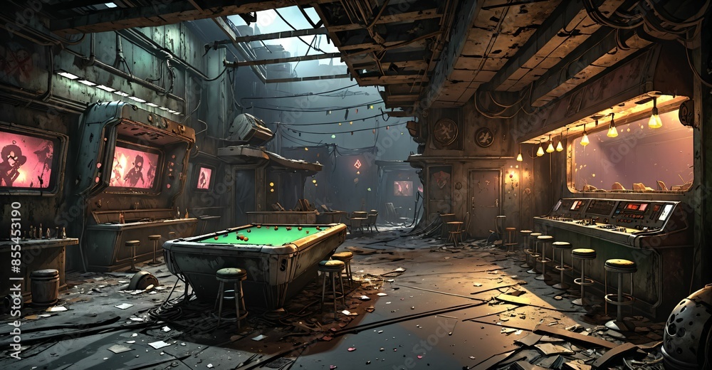 abandoned empty bar interior. dystopian post apocalyptic building ...