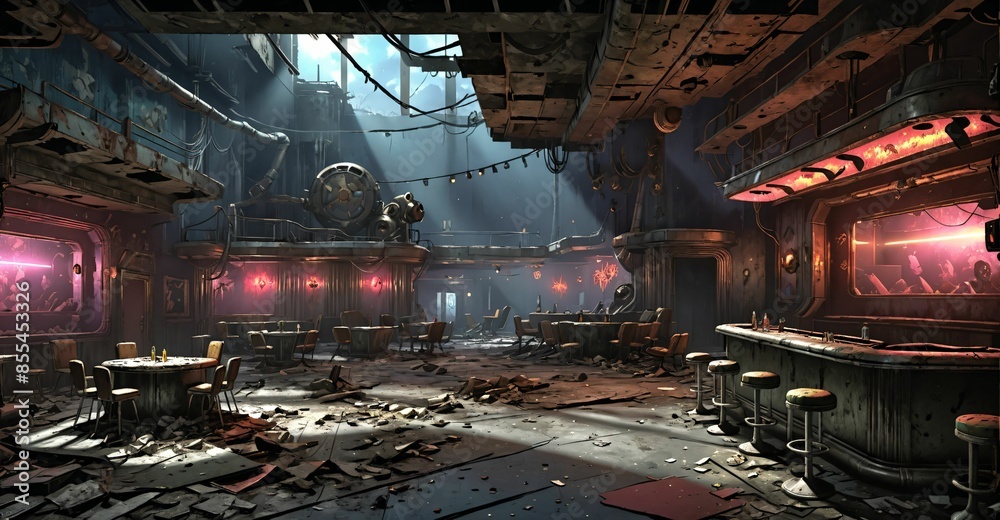 abandoned empty bar interior. dystopian post apocalyptic building ...