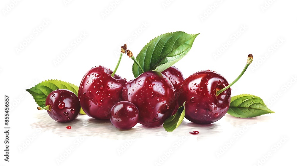 3 fresh cherries with leaves on a white background, no shadow, clear ...