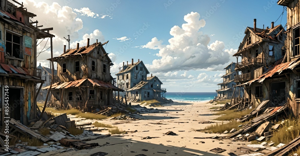 abandoned buildings on beach ocean coast in summer. old town wood house ...