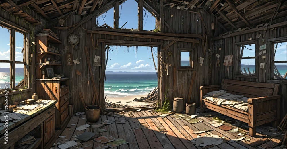 abandoned shack hut interior on beach ocean coast in summer. old wood ...