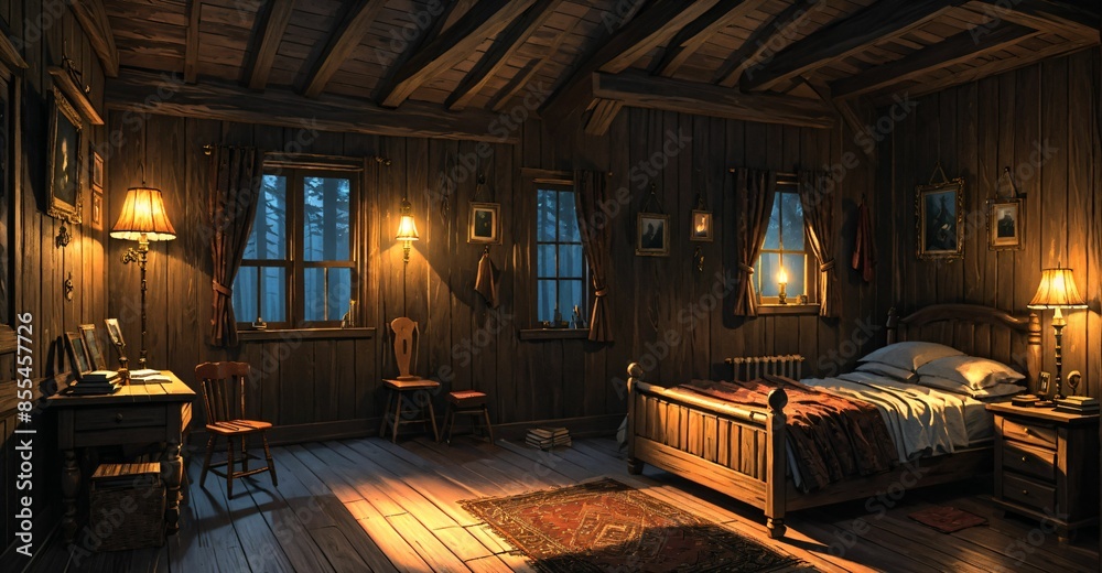 interior of modern cabin bed room in secluded forest woods. interior ...