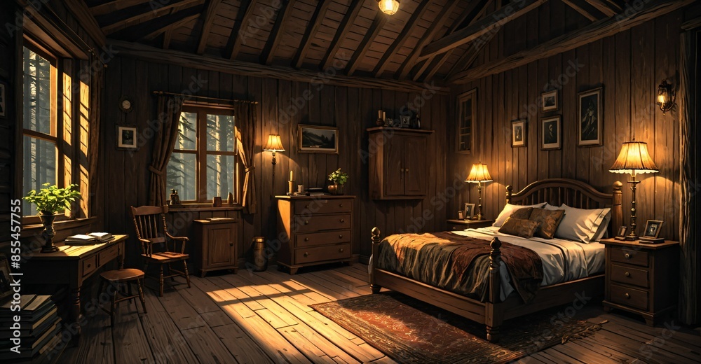 interior of modern cabin bed room in secluded forest woods. interior ...