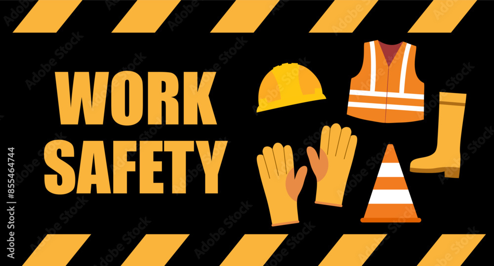 Work safety banner. Work helmet, gloves, vest, cone, boot signs ...