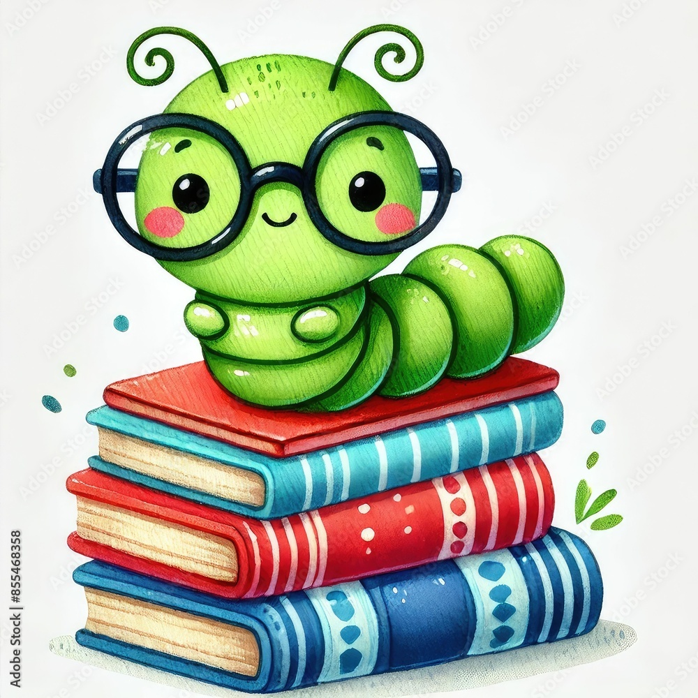 Bookworm clipart with glasses and a stack of books.. watercolor ...