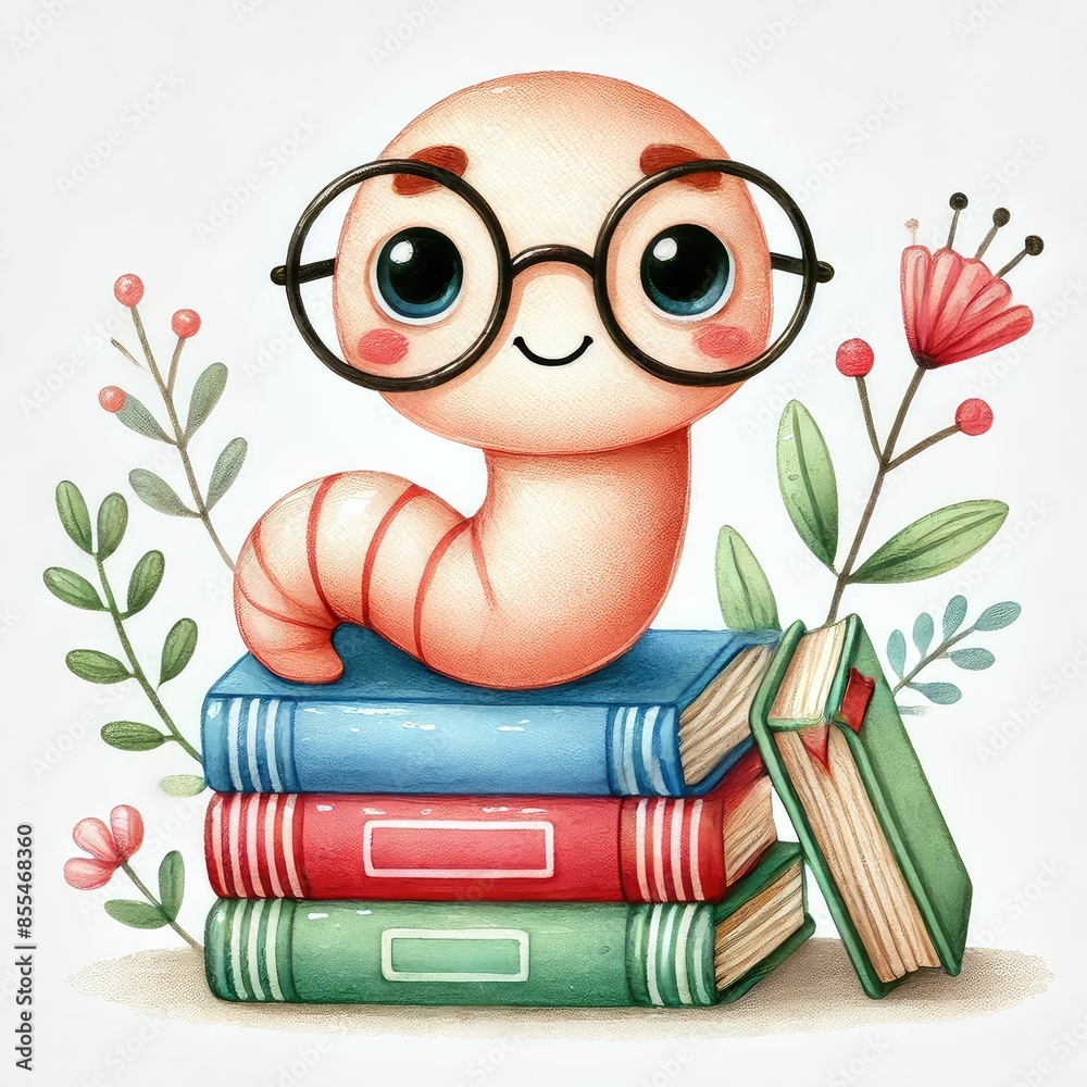 Bookworm clipart with glasses and a stack of books.. watercolor ...
