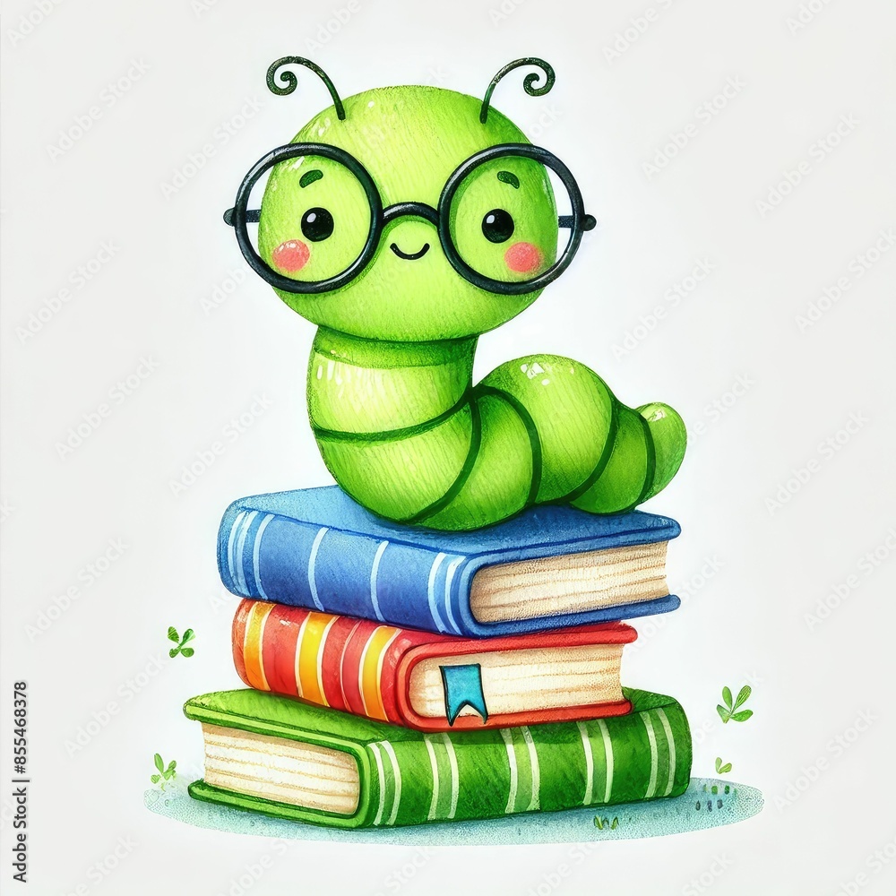 Bookworm clipart with glasses and a stack of books.. watercolor ...