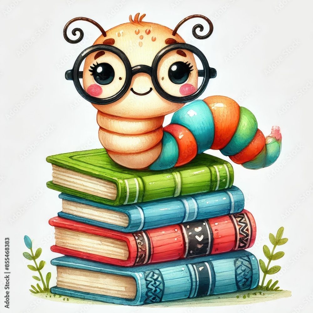 Bookworm clipart with glasses and a stack of books.. watercolor ...