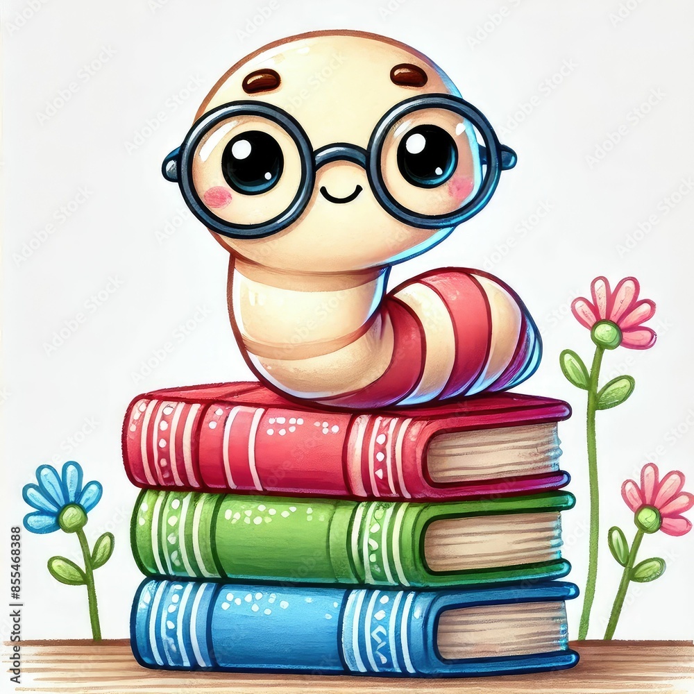 Bookworm clipart with glasses and a stack of books.. watercolor ...