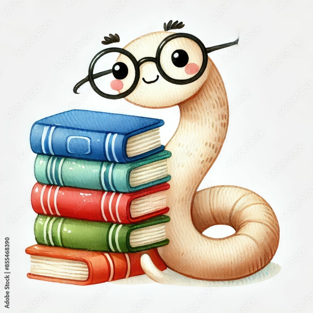 Bookworm clipart with glasses and a stack of books.. watercolor ...