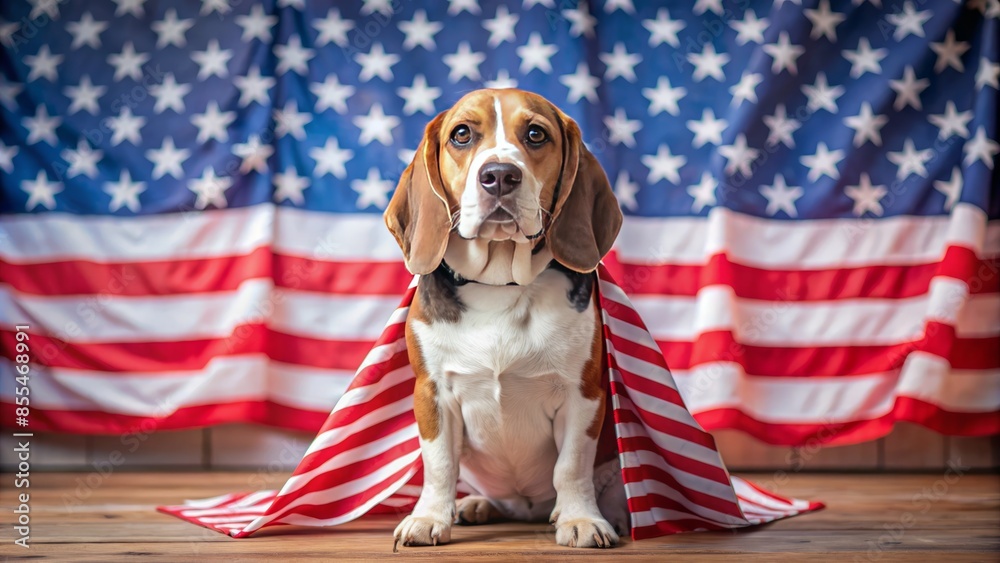 Beagle Dog Wearing An American Flag Cape Sits In Front Of An American ...