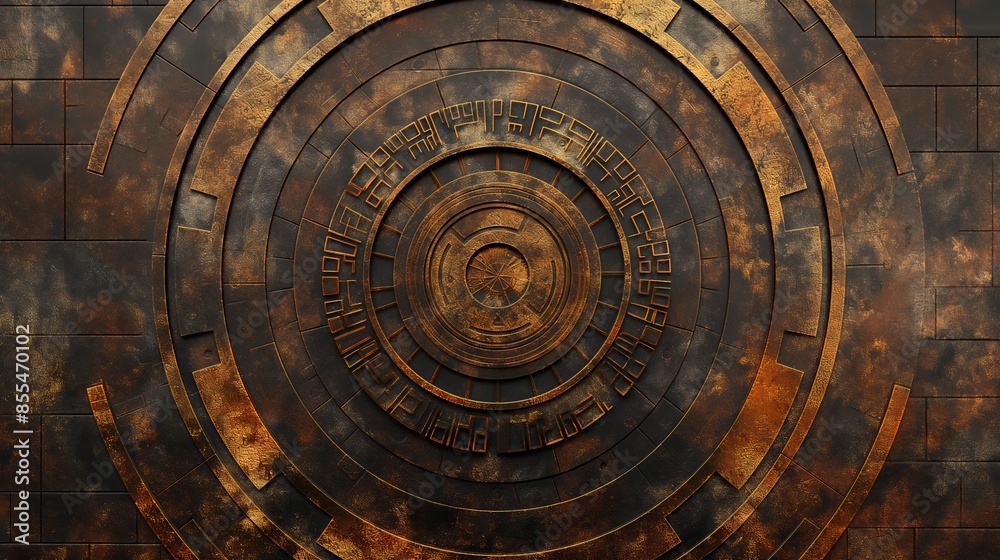 A circular bronze panel with intricate designs and details on a brick ...