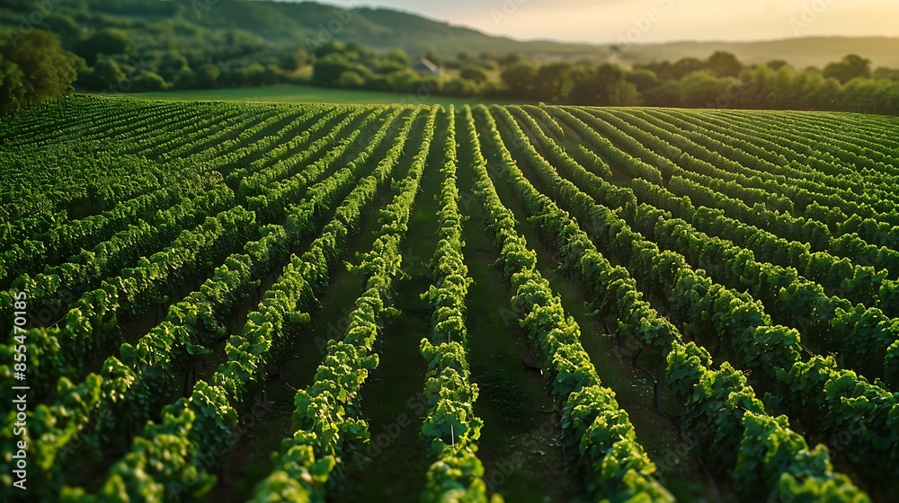 An aerial perspective from a drone over a vineyard, showcasing the neat ...