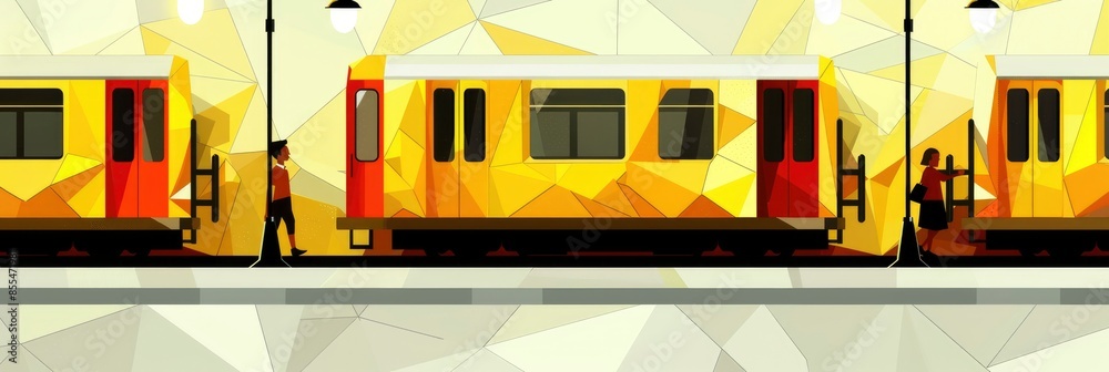 An illustration of a bustling train station, with passengers and trains ...