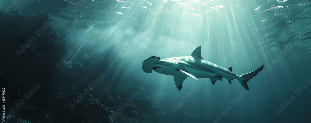 Hammerhead Shark swimming underwater under sea life with sunbeams Stock ...
