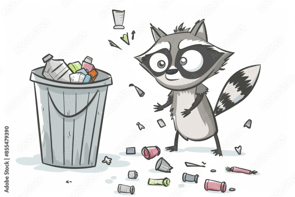 Cartoon cute doodles of an irritated raccoon with a messy trash can and ...