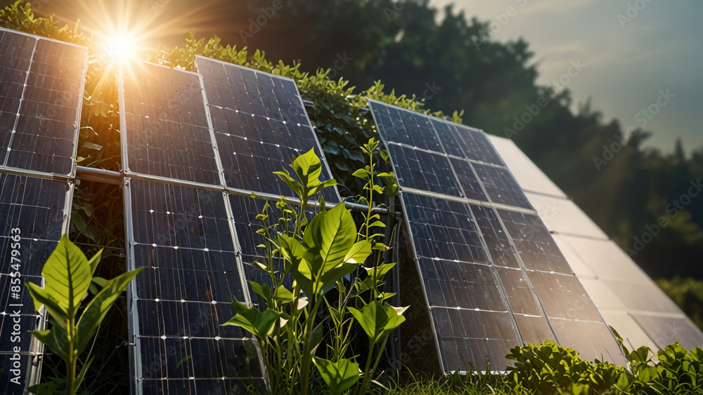 Solar panels in a lush, green forest setting, with sunlight filtering ...