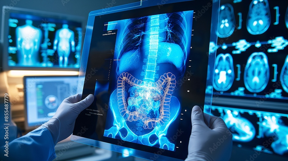 Abdominal X-ray with intestinal obstruction highlighting blocked or ...