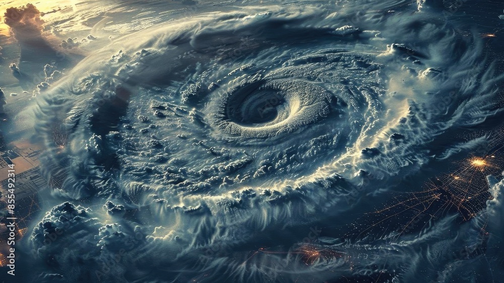 Aerial view of a powerful and dramatic hurricane forming over the ocean ...