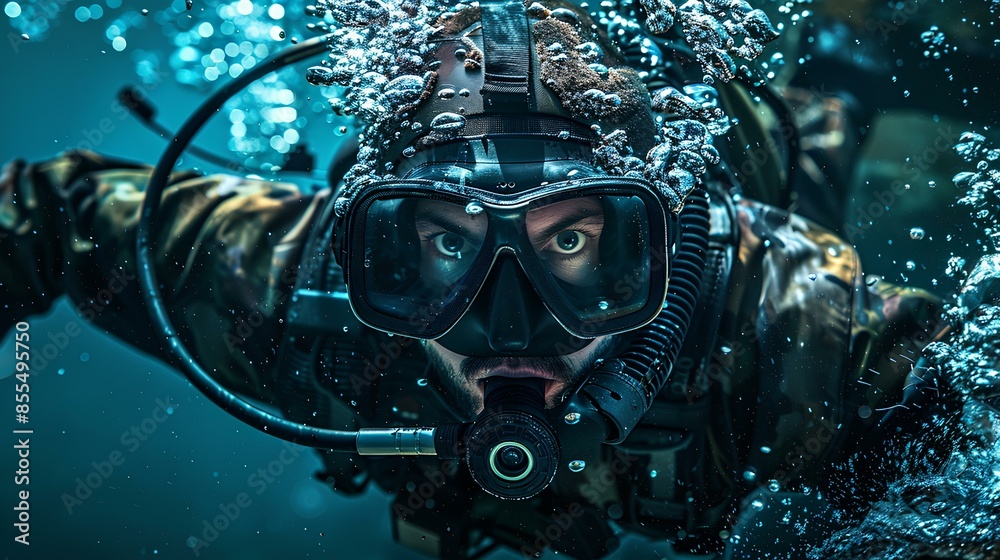 A commando emerging from underwater, wearing a wetsuit and night-vision ...