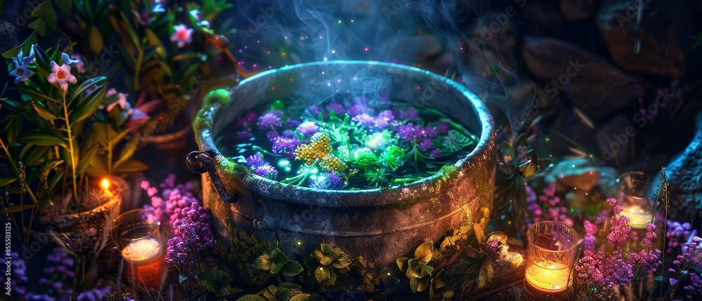 Colorful bubbling cauldron filled with green and purple potions ...