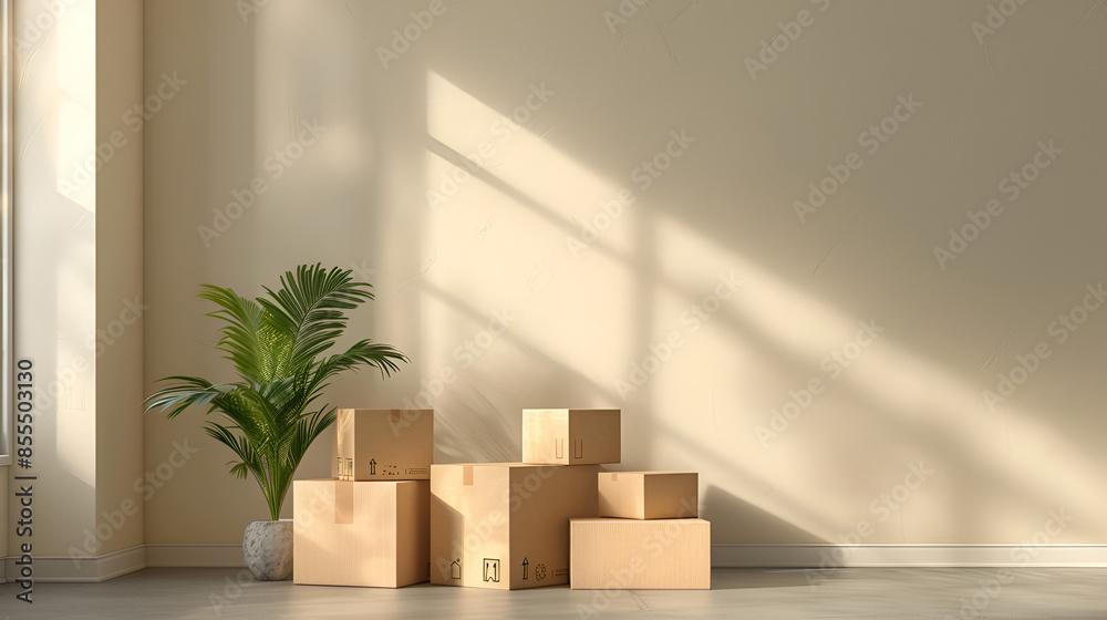 cuarto iluminado con cajas apiladas de mudanza almacenamiento en cajas ...