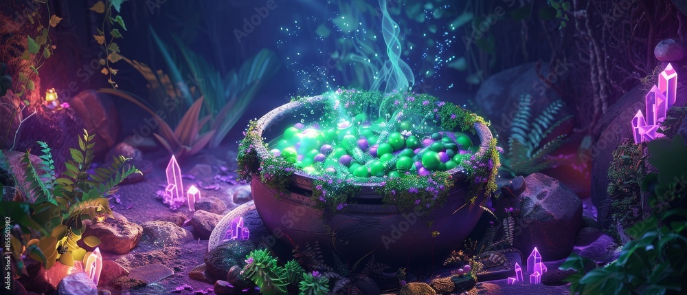 Colorful bubbling cauldron filled with green and purple potions ...