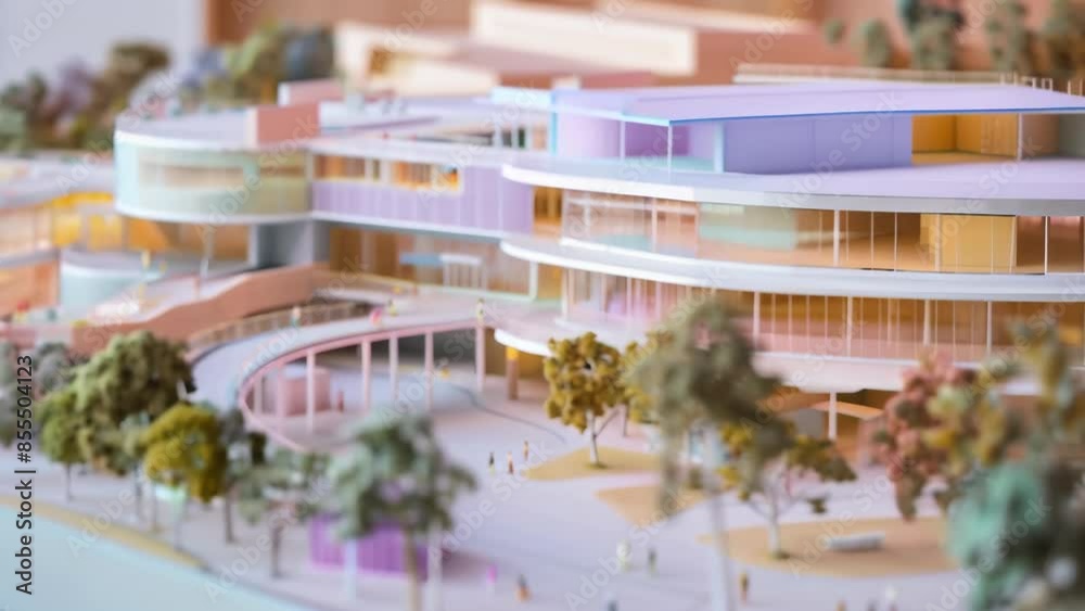 Modern educational campus architectural model featuring curved ...