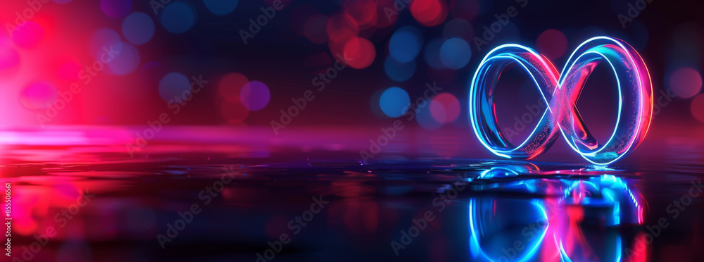 3D render of infinity symbol glowing neon light on dark background with ...