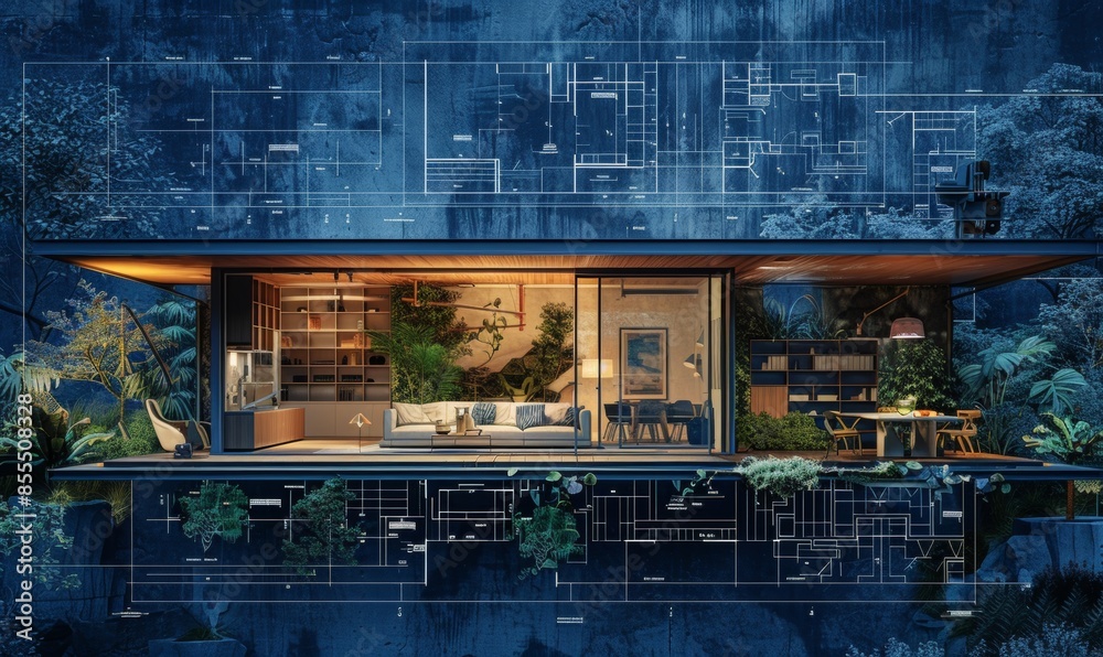 Blueprint of floor plan, blueprint paper, white lines on blue ...