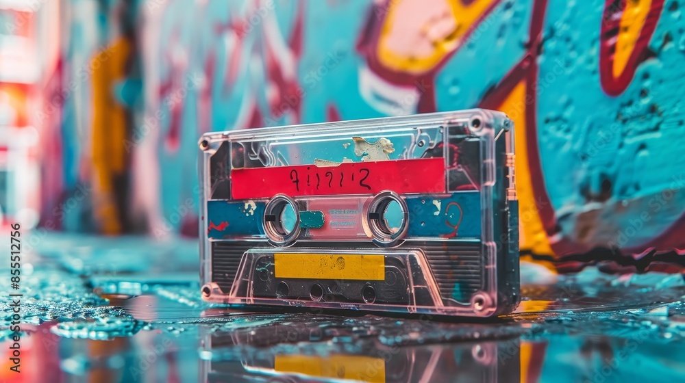 Groovy cassette tape with dynamic graffiti backdrop, representing the ...