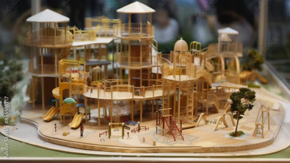 Playground architectural model featuring wooden structures, slides, and ...