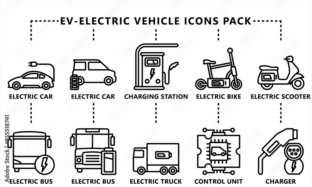 EV-Electric Vehicle black outline icons pack, related to EV, electric ...