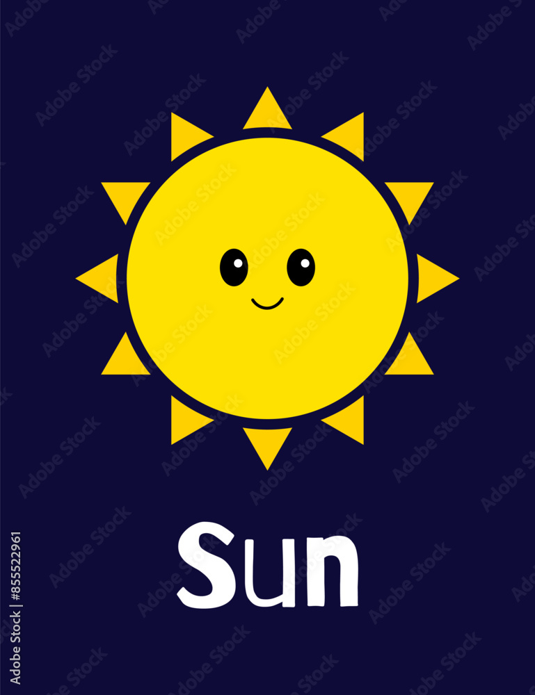 Cute Sun vector illustration educational card. Flat design, smiley face ...