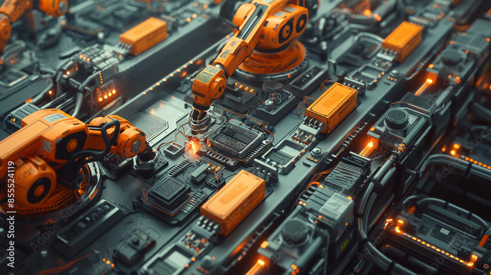 Factory Overview: Show an aerial view of the entire electronics factory ...